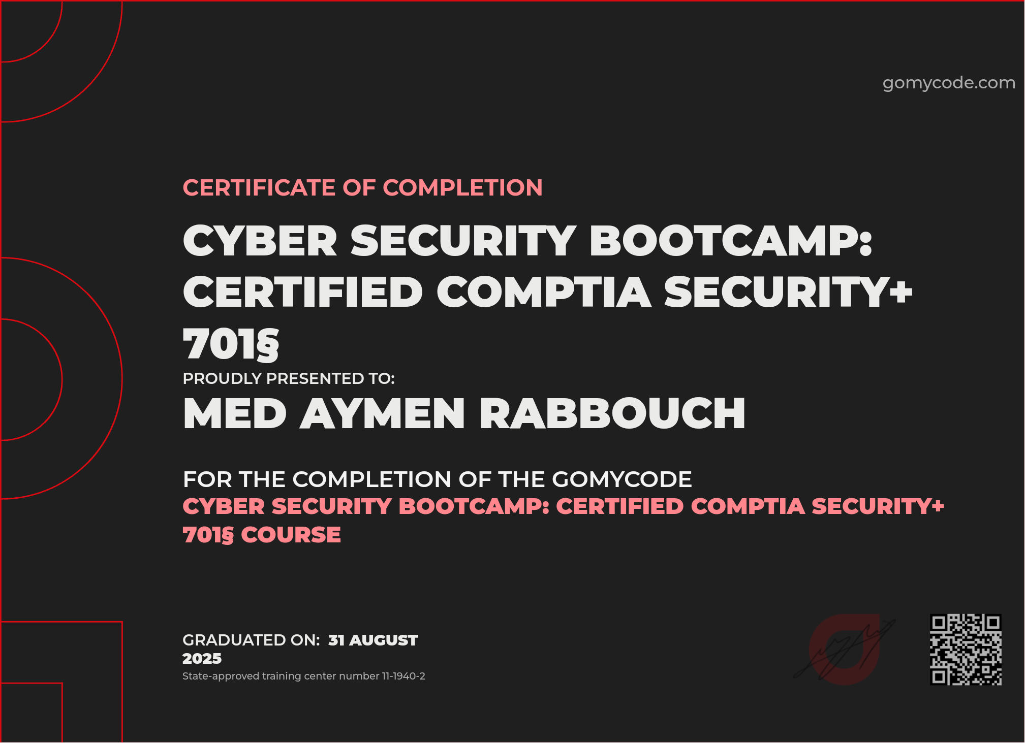 Med Aymen Rabbouch Certificate of Completion Cyber Security Bootcamp: Certified CompTIA ...