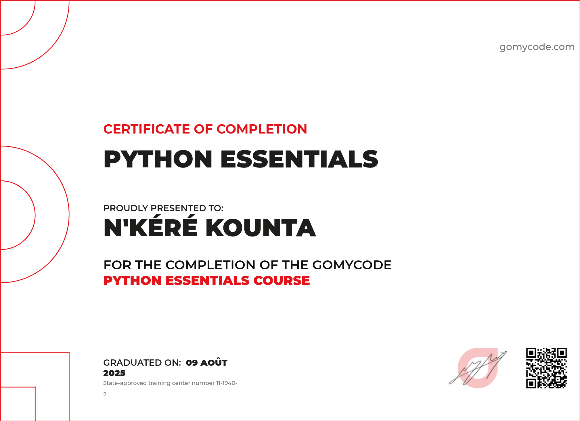 N'kéré Kounta Certificate of Completion Python Essentials