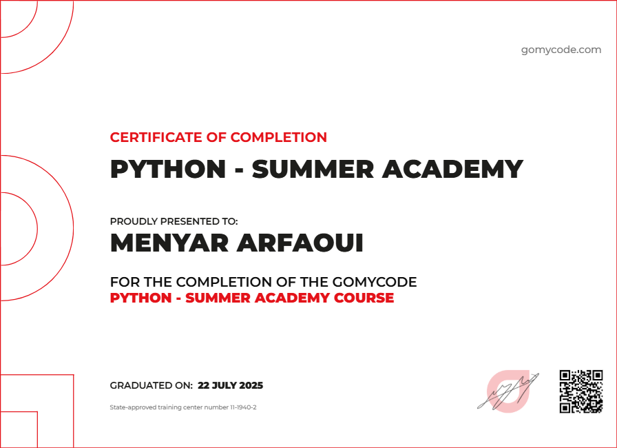 Menyar Arfaoui Certificate of Completion Python - Summer Academy