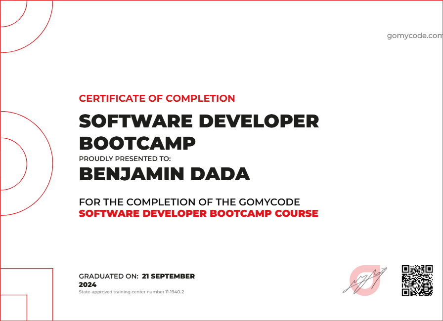 Benjamin Dada Certificate of Completion Software Developer Bootcamp