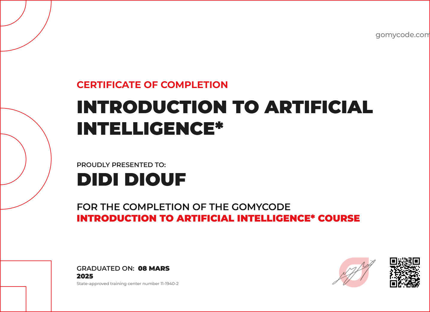 Didi Diouf Certificate of Completion Introduction to Artificial Intelligence
