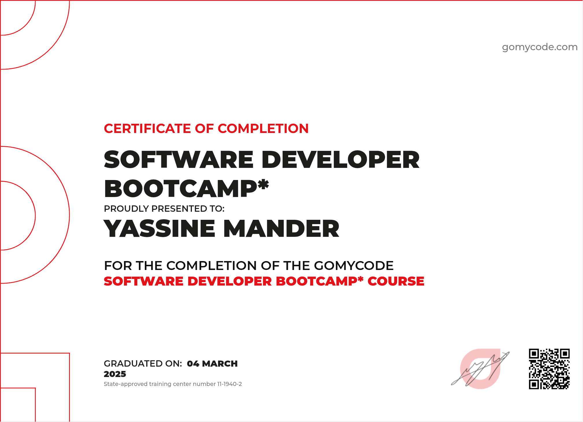 Yassine Mander Certificate of Completion Software Developer Bootcamp