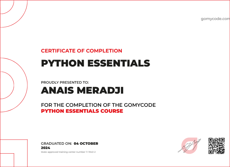 Anais Meradji Certificate of Completion Python Essentials
