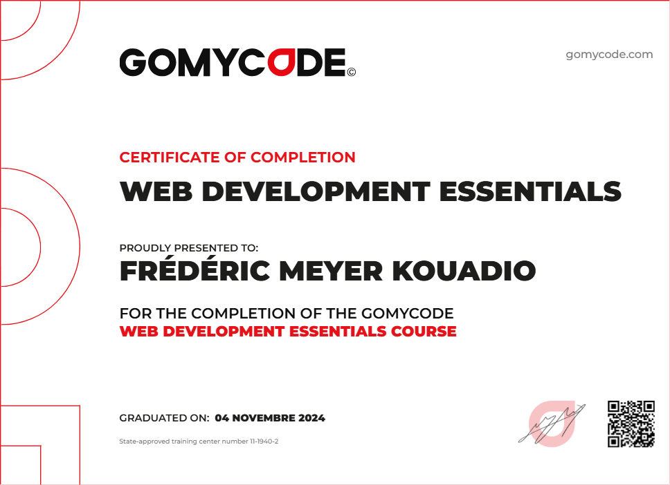 Frédéric Meyer KOUADIO Certificate of Completion Web Development Essentials