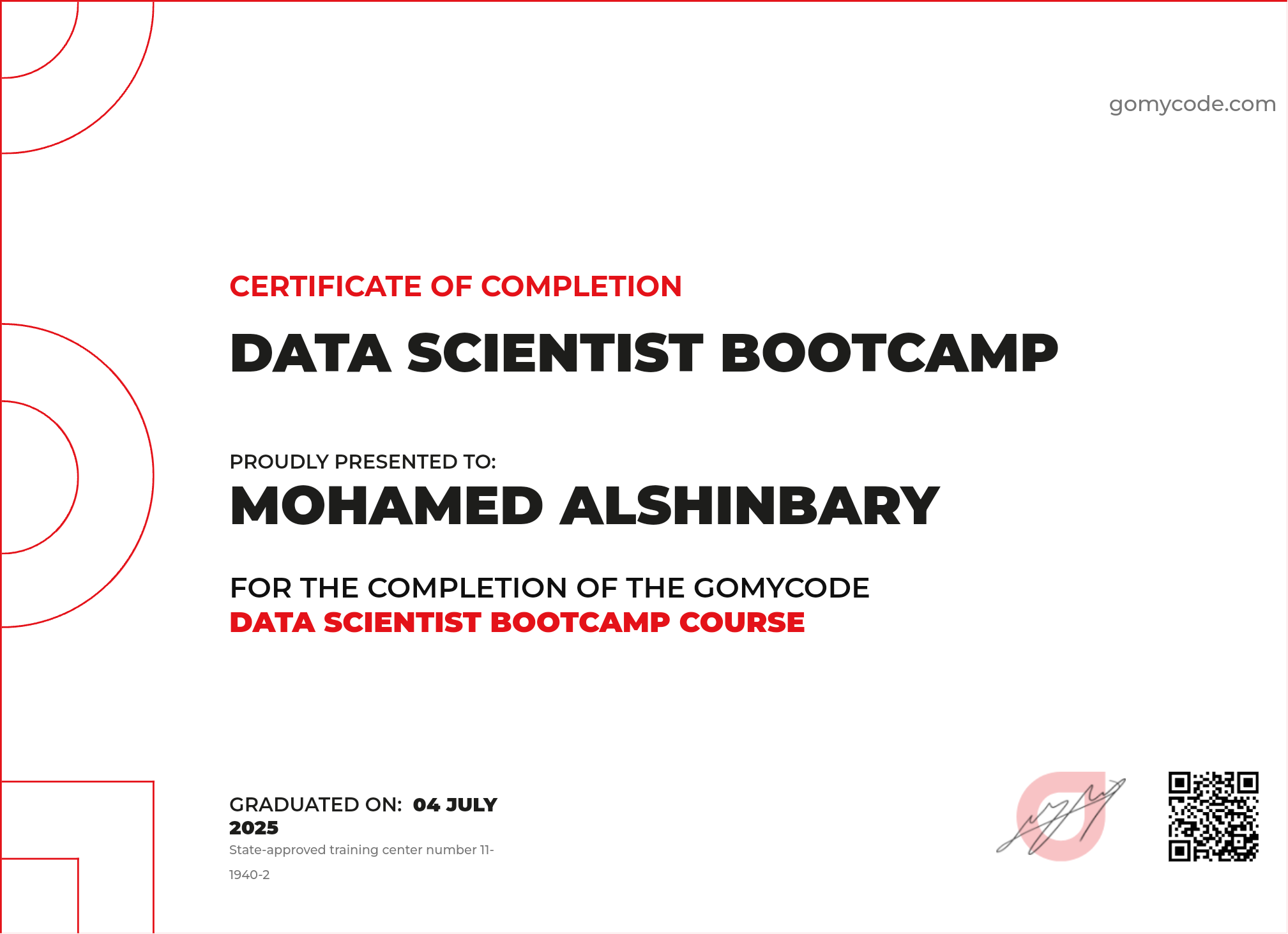 Mohamed ALShinbary Certificate of Completion Data Scientist Bootcamp