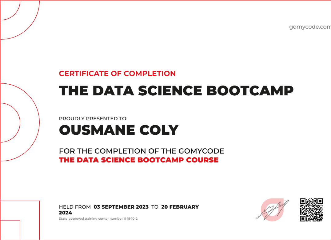 ousmane coly Certificate of Completion The Data Science Bootcamp