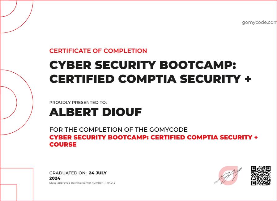 Albert Diouf Certificate of Completion Cyber Security Bootcamp ...