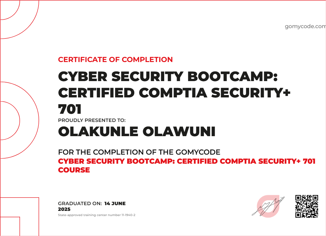 OLAKUNLE OLAWUNI Certificate of Completion Cyber Security Bootcamp ...