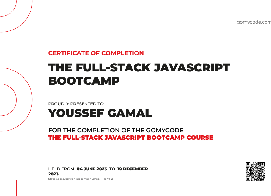 youssef gamal Certificate of Completion The Full-Stack Javascript Bootcamp
