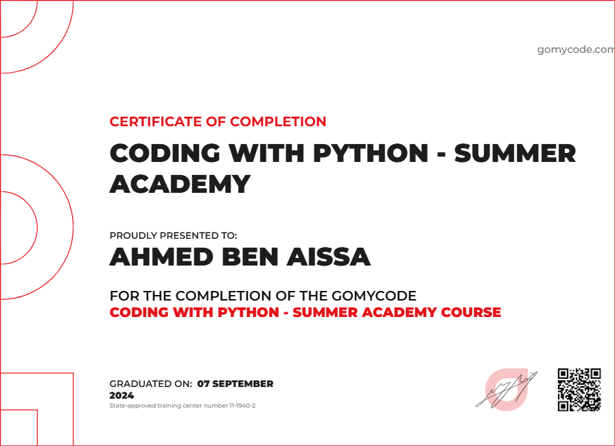 Ahmed Ben Aissa Certificate of Completion Coding With Python - Summer Academy