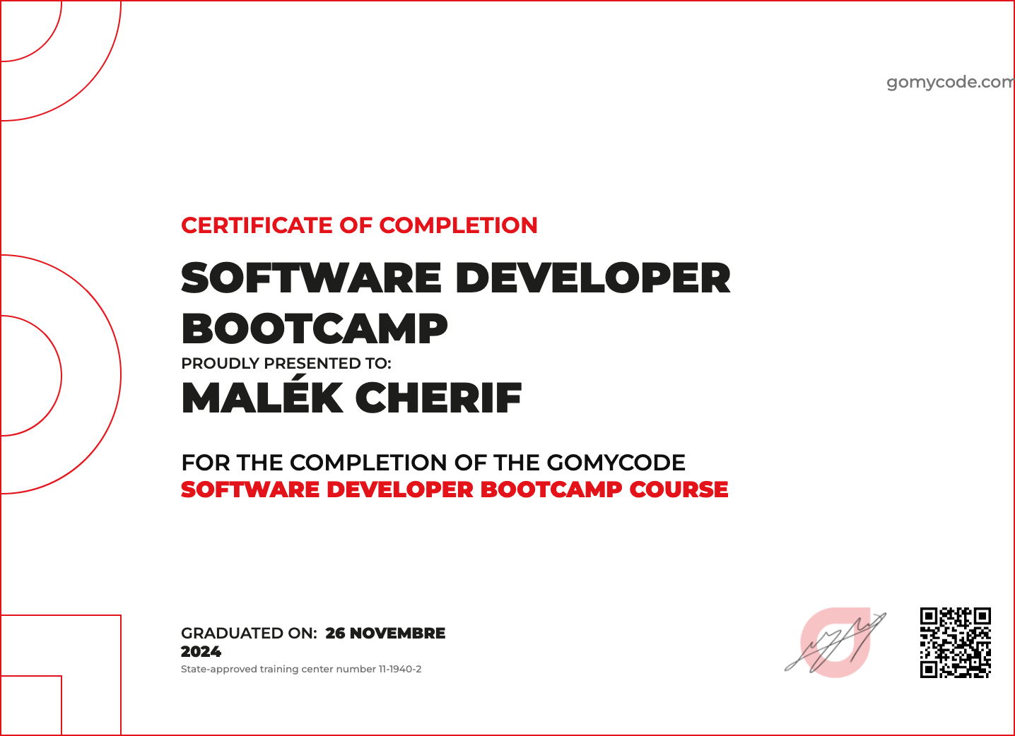 Malék Cherif Certificate of Completion Software Developer Bootcamp