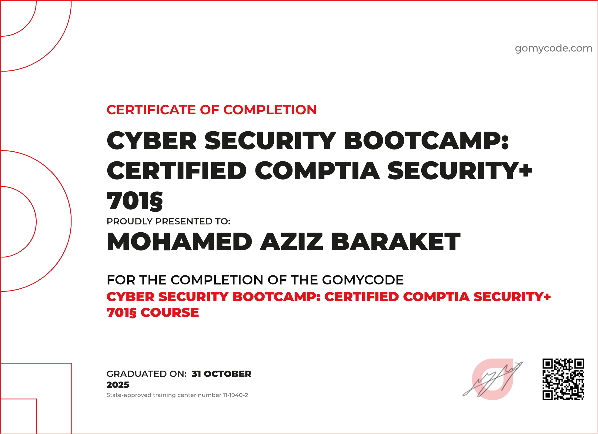 mohamed aziz baraket Certificate of Completion Cyber Security Bootcamp ...