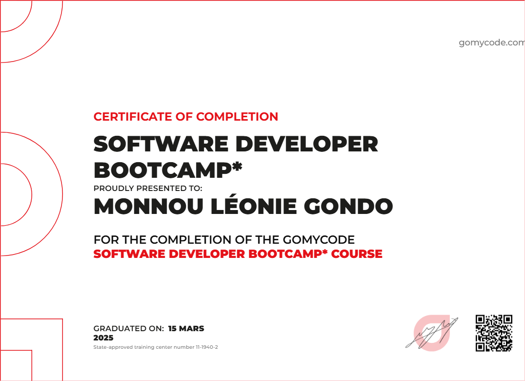 Monnou léonie Gondo Certificate of Completion Software Developer Bootcamp