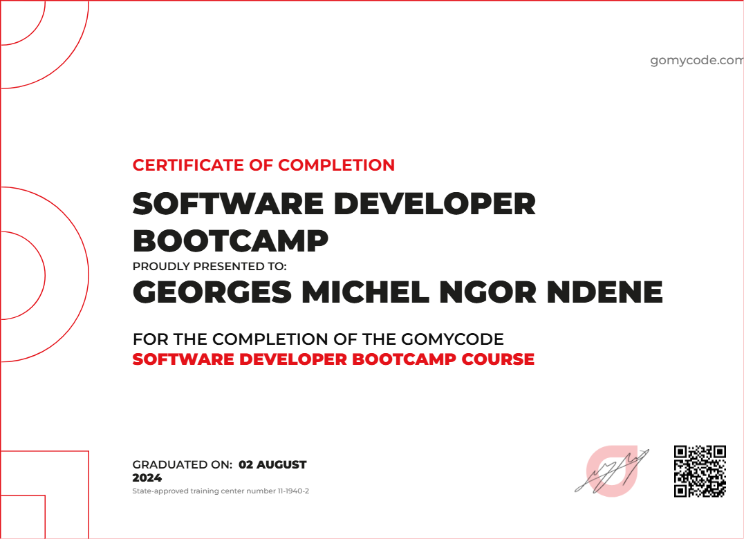 Georges Michel Ngor NDENE Certificate of Completion Software Developer ...