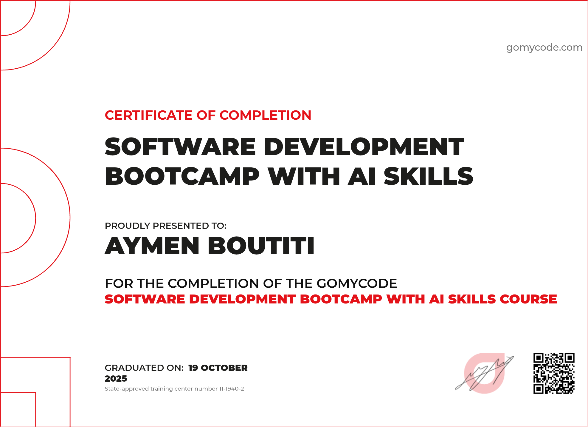 Aymen Boutiti Certificate of Completion Software Development Bootcamp with AI skills
