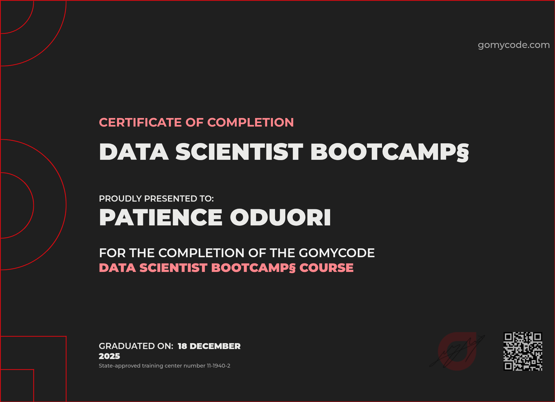 Patience Oduori Certificate of Completion Data Scientist Bootcamp§