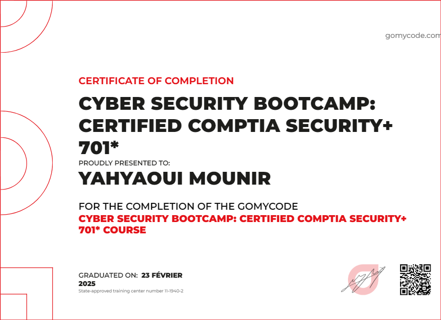 Yahyaoui Mounir Certificate of Completion Cyber Security Bootcamp ...