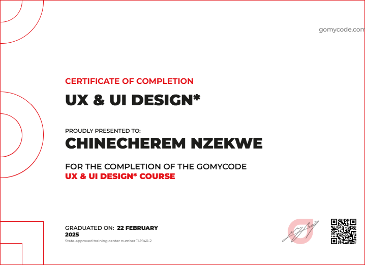 Chinecherem Nzekwe Certificate of Completion UX & UI Design