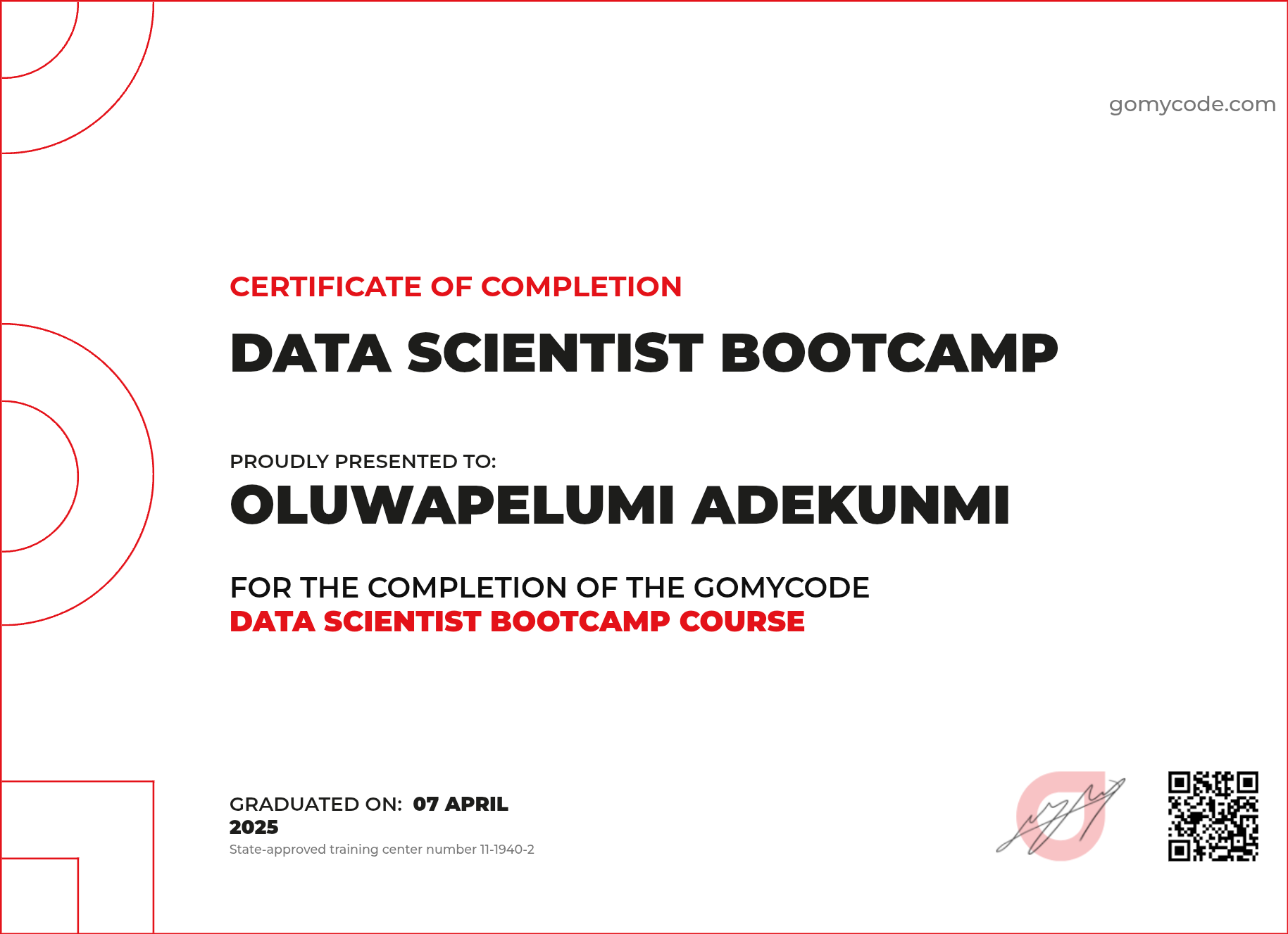 Oluwapelumi Adekunmi Certificate of Completion Data Scientist Bootcamp*